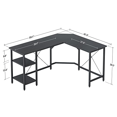CubiCubi 59 x 47 inch L Shaped Gaming Desk with Storage Shelves, Corner Computer Desk for Home Office, Black