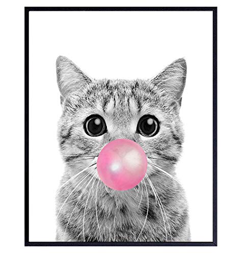 Cat Wall Decor - Tabby Cat - Cute Cat Wall Art - Room Decoration for Girls Bedroom, Kids Room, Living Room, Nursery - Cat Lover Gifts for Women - Adorable Pink Girly Kitty, Pussycat, Kitten Print
