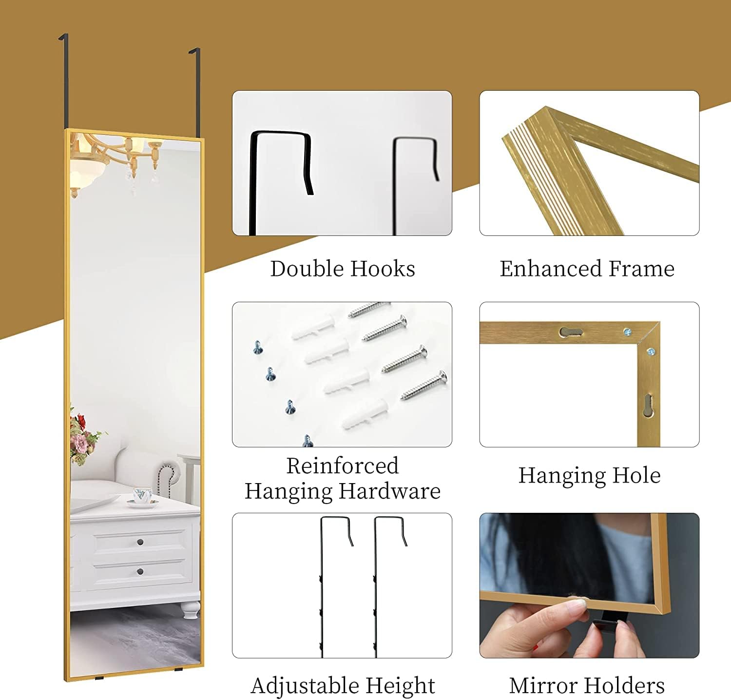 FANYUSHOW Full Length Mirror, Over The Door Mirror or Wall Mirror with Hanging Brackets, Full Body Mirror for Bedrooms, Bathrooms, Living Room, Gold, 50” x 14”