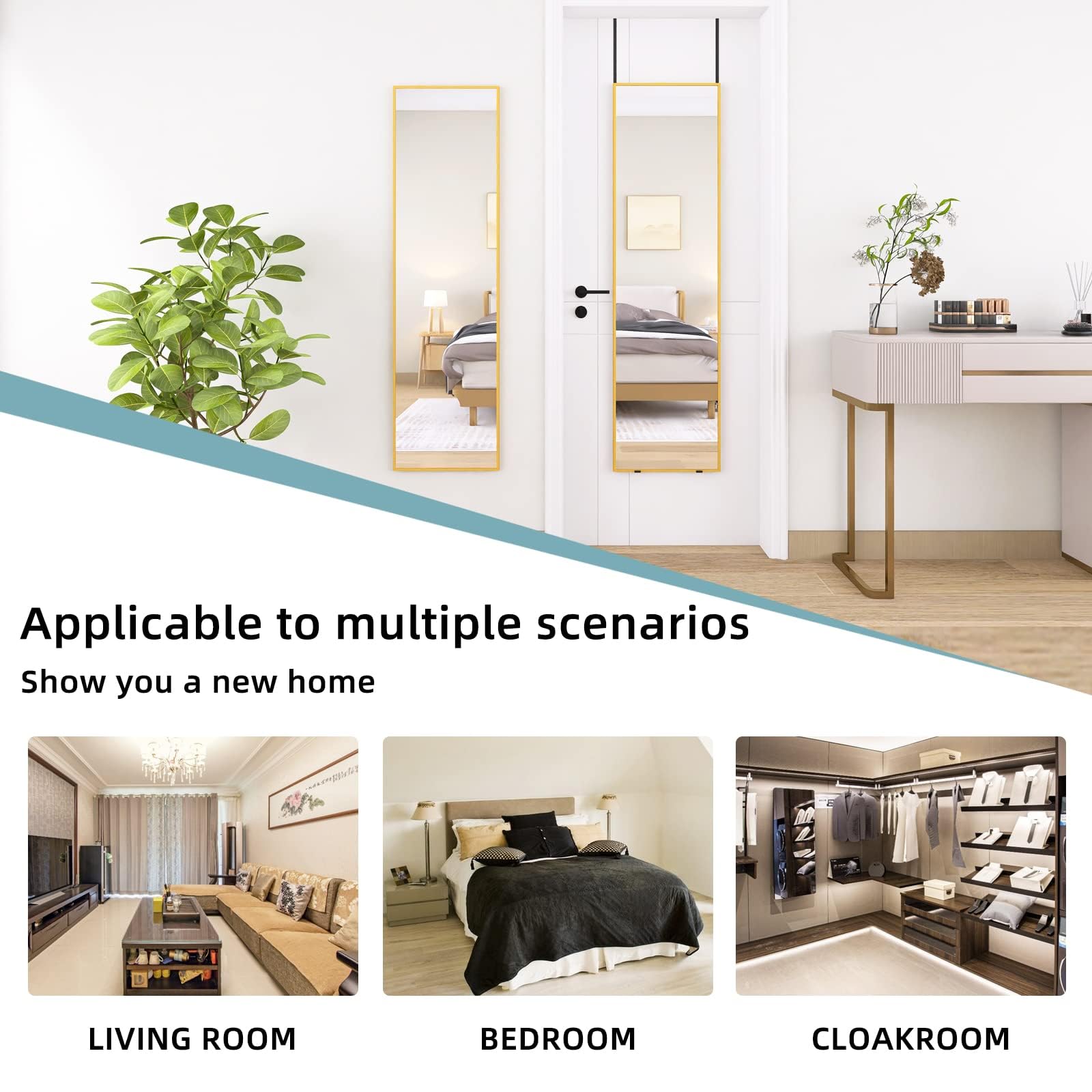 FANYUSHOW Full Length Mirror, Over The Door Mirror or Wall Mirror with Hanging Brackets, Full Body Mirror for Bedrooms, Bathrooms, Living Room, Gold, 50” x 14”