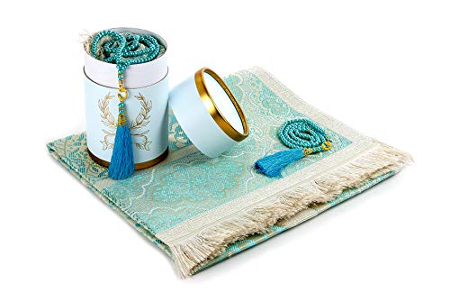 Muslim Prayer Rug and Prayer Beads with Elegant Cylinder Gift Box | Janamaz | Sajadah | Soft Islamic Prayer Rug | Islamic Gifts Set | Prayer Carpet Mat, Taffeta Fabric, Blue