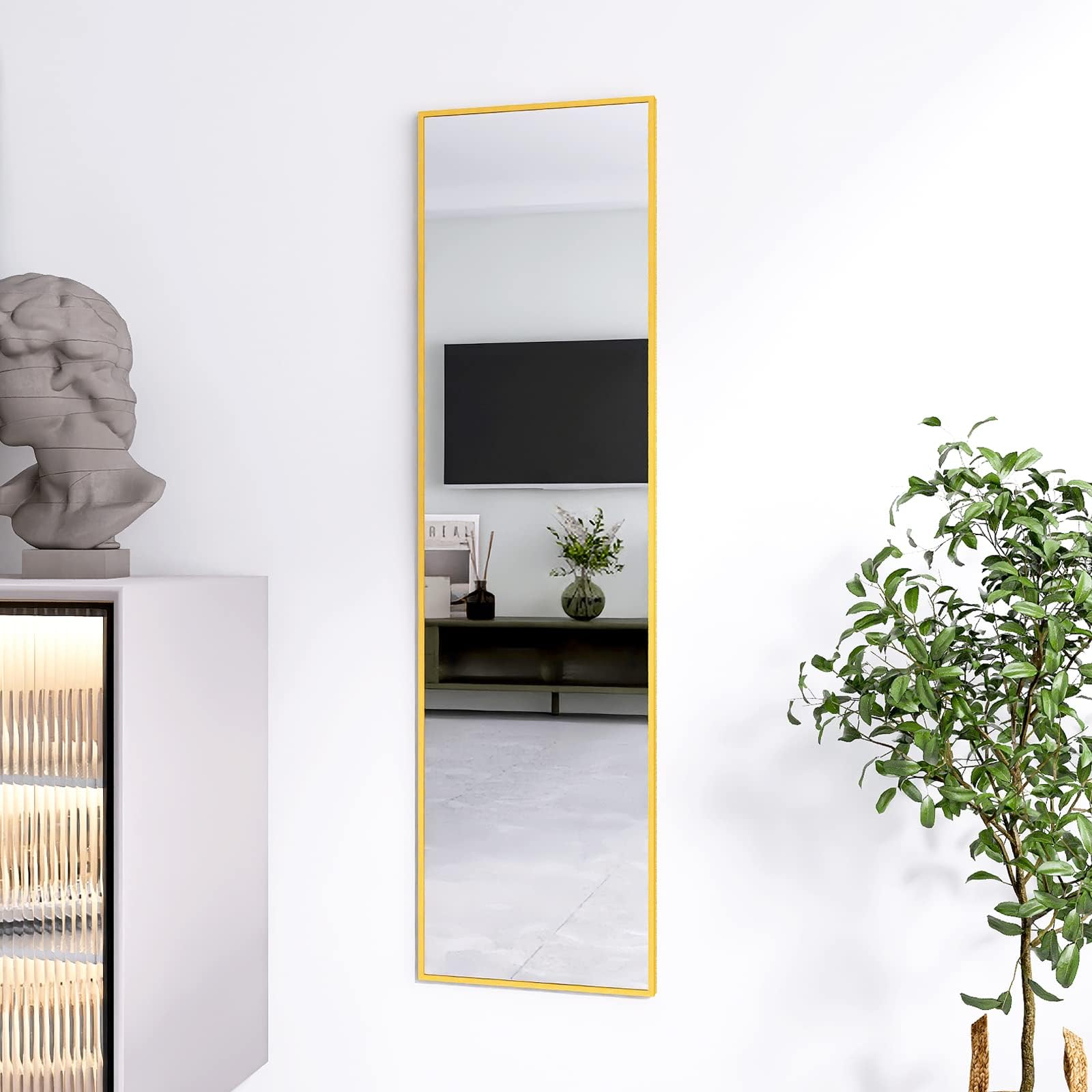 FANYUSHOW Full Length Mirror, Over The Door Mirror or Wall Mirror with Hanging Brackets, Full Body Mirror for Bedrooms, Bathrooms, Living Room, Gold, 50” x 14”