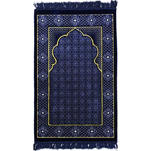 Modefa Turkish Islamic Prayer Rug - Traditional Muslim Janamaz Sajada - Plush Velvet Praying Mat Carpet for Men and Women - Ramadan or Eid Gift - with Kufi Cap & Beads - Floral Stamp Ipek - Blue 2