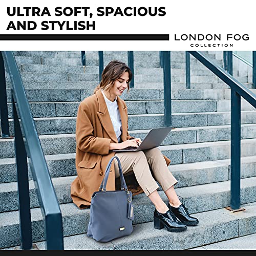 LONDON FOG FLORIANA Satchel for Women, Vegan Leather Shoulder Bag with ID Wallet - Denim