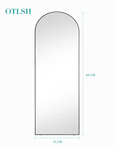 Otlsh Full Length Mirror, 64.2"×21.3" Arched Floor Mirror with Stand, Standing Mirror, Full Body Mirror, Large Mirror, Arched Wall Mirror, Freestanding, Wood Frame - Black