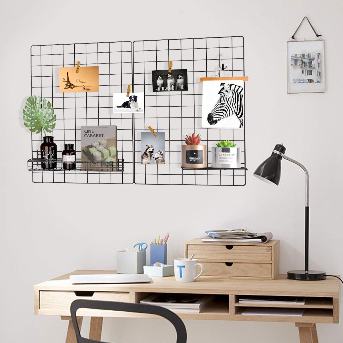 Pulatree Grid Photo Wall(Set of 2), Grid Wall Decorative Iron Rack Clip Photograph Wall Hanging Picture Wall, Ins Art Display Wall Grid 2 Packs 25.6 x17.7inch (Black)