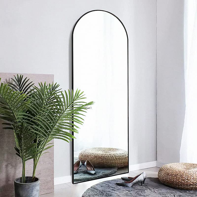 Otlsh Full Length Mirror, 64.2"×21.3" Arched Floor Mirror with Stand, Standing Mirror, Full Body Mirror, Large Mirror, Arched Wall Mirror, Freestanding, Wood Frame - Black