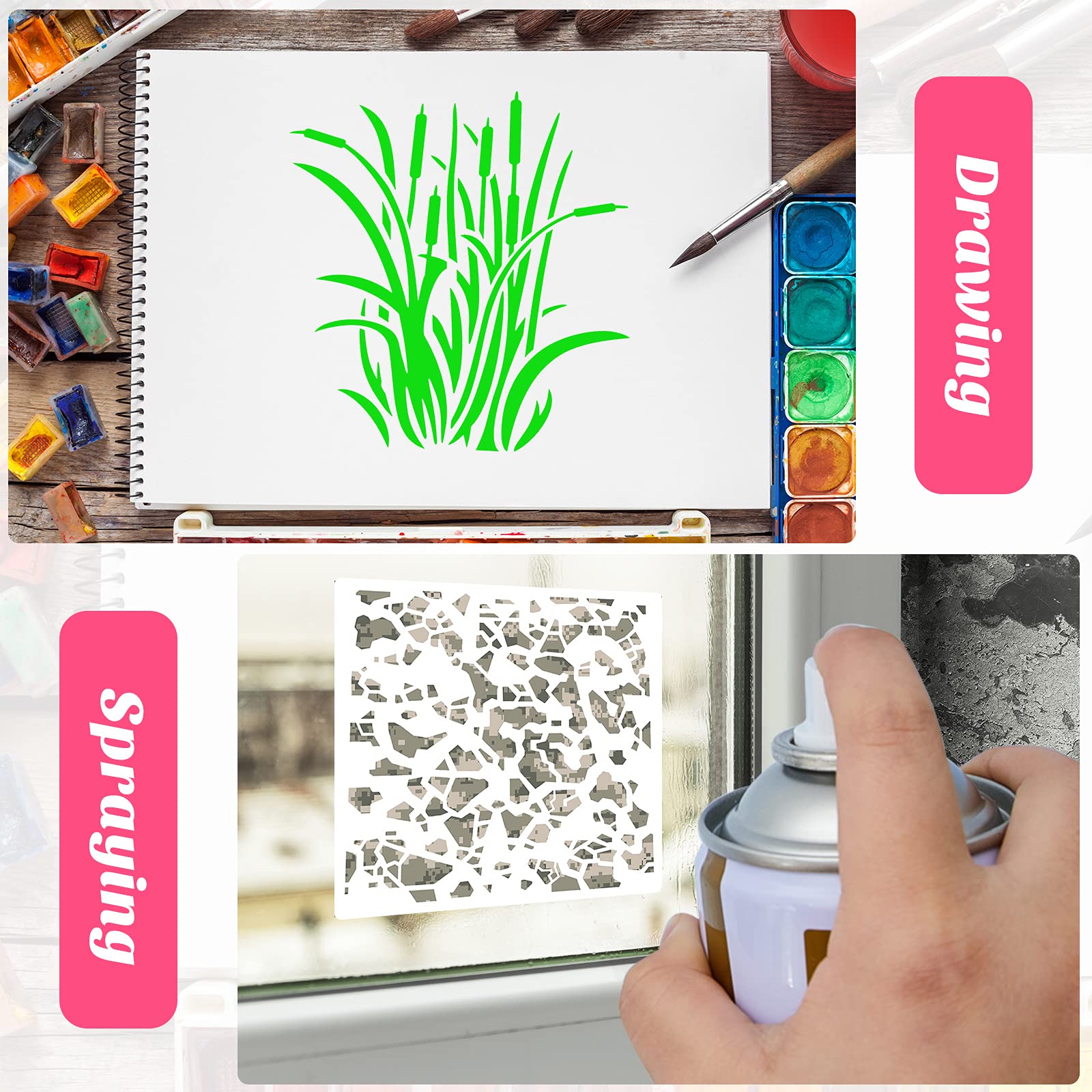 Outus 9 Pieces Camo Print Stencils Camouflage Painting Templates Reusable Grass Pattern Stencils Green Camo DIY Stencils for Scrapbooking Painting on Wood Crafts (11.8 x 11.8 Inch)