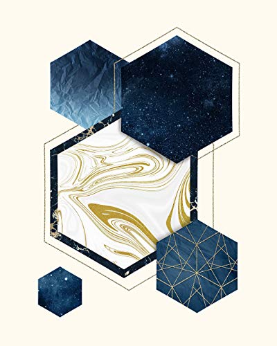 Modern Geometric Abstract Navy Blue Gold Wall Art Decor Prints, 4 (8x10) Unframed Photos, Artwork Gifts Under 20 for Home Bar Room Bathroom Office Design Studio Idea Lounge Student Teacher Friend