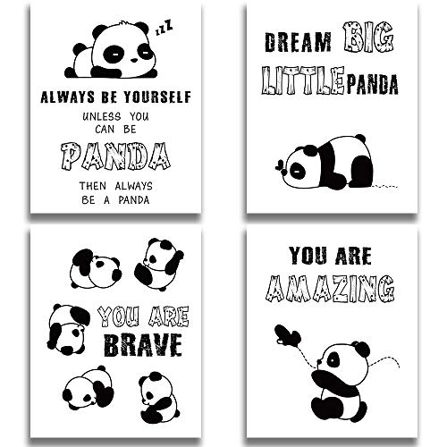 SUUURA-OO.Inspirational Panda Wall Art Prints, Unframed Adorable Panda Motivational Words Wall Art, Set of 4（8’’x10’’）Dream Big Little Panda Print for Nursery and Kids Room Decor (Black White)