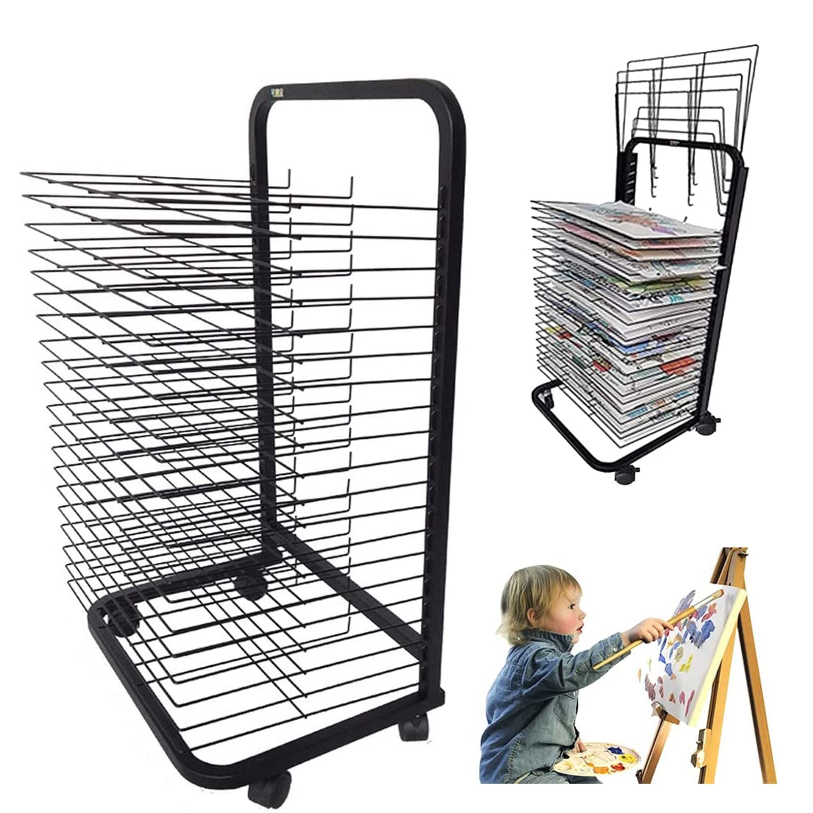 Drying Rack, Mobile Art Drying Rack with Wire Shelves for Works of Art, Art Studio, Drying & Print Racks, Black Powder Coated Finish, Ideal for Schools and Art Clubs
