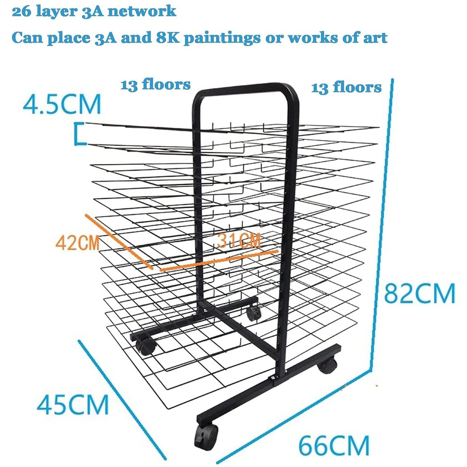Art Drying Rack, Mobile Drying Rack with Wire Shelves for Works of Art, Mobile Classrooms, Art Studio, Educational Product Drying Rack, Drying Easel, Drying & Print Racks, Black Powder Coated Finish