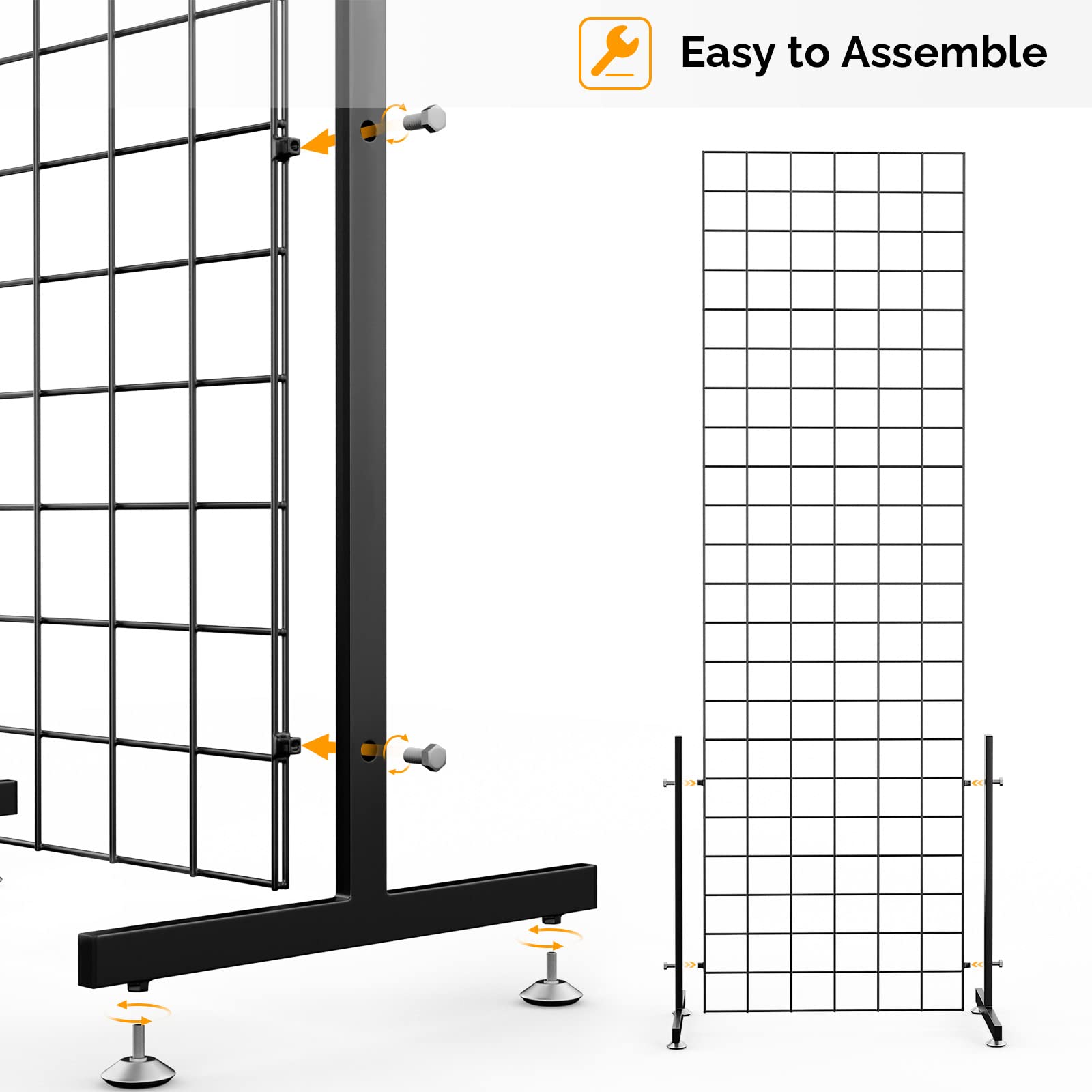 Bonnlo 2' x 6' Standing Grid Panel Tower, Thicker 5mm Wire, 180 LBS Weight Capacity Grid Wall with T-Legs, Grid Rack for Retail Display with Extra Hooks (1)