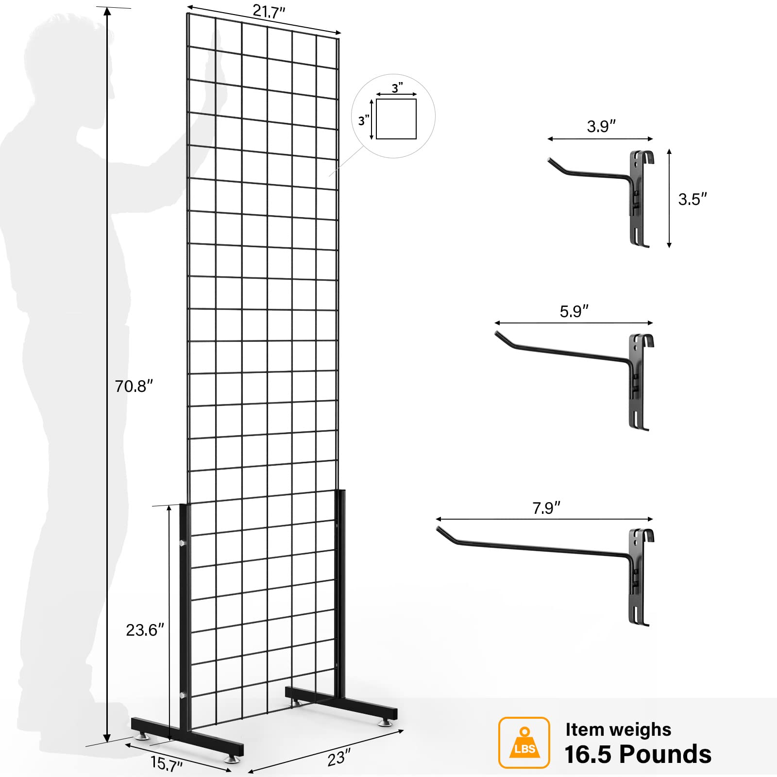 Bonnlo 2' x 6' Standing Grid Panel Tower, Thicker 5mm Wire, 180 LBS Weight Capacity Grid Wall with T-Legs, Grid Rack for Retail Display with Extra Hooks (1)