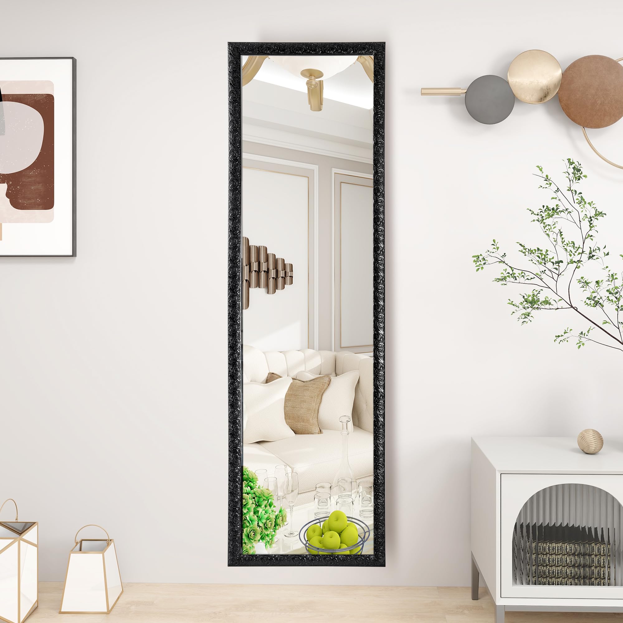 Kacalujia Full Length Mirror, Door Mirror with Engraving Frame, Full Body Mirror, Wall Mounted Mirror for Bedroom, Living Room, Home Decor, 50"x13.9", Black