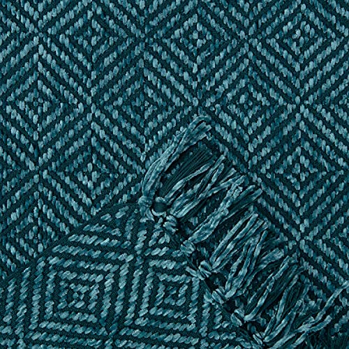 Chanasya Soft Teal Chenille Knitted Diamond Textured Decorative Throw Blanket - Geometric Lightweight Luxury Fuzzy Decor with Tassels for Couch Sofa Bed Chair Bedroom Living Room (50x65 Inches)