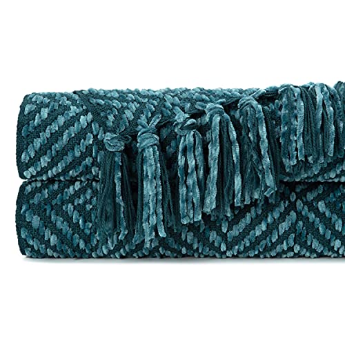 Chanasya Soft Teal Chenille Knitted Diamond Textured Decorative Throw Blanket - Geometric Lightweight Luxury Fuzzy Decor with Tassels for Couch Sofa Bed Chair Bedroom Living Room (50x65 Inches)