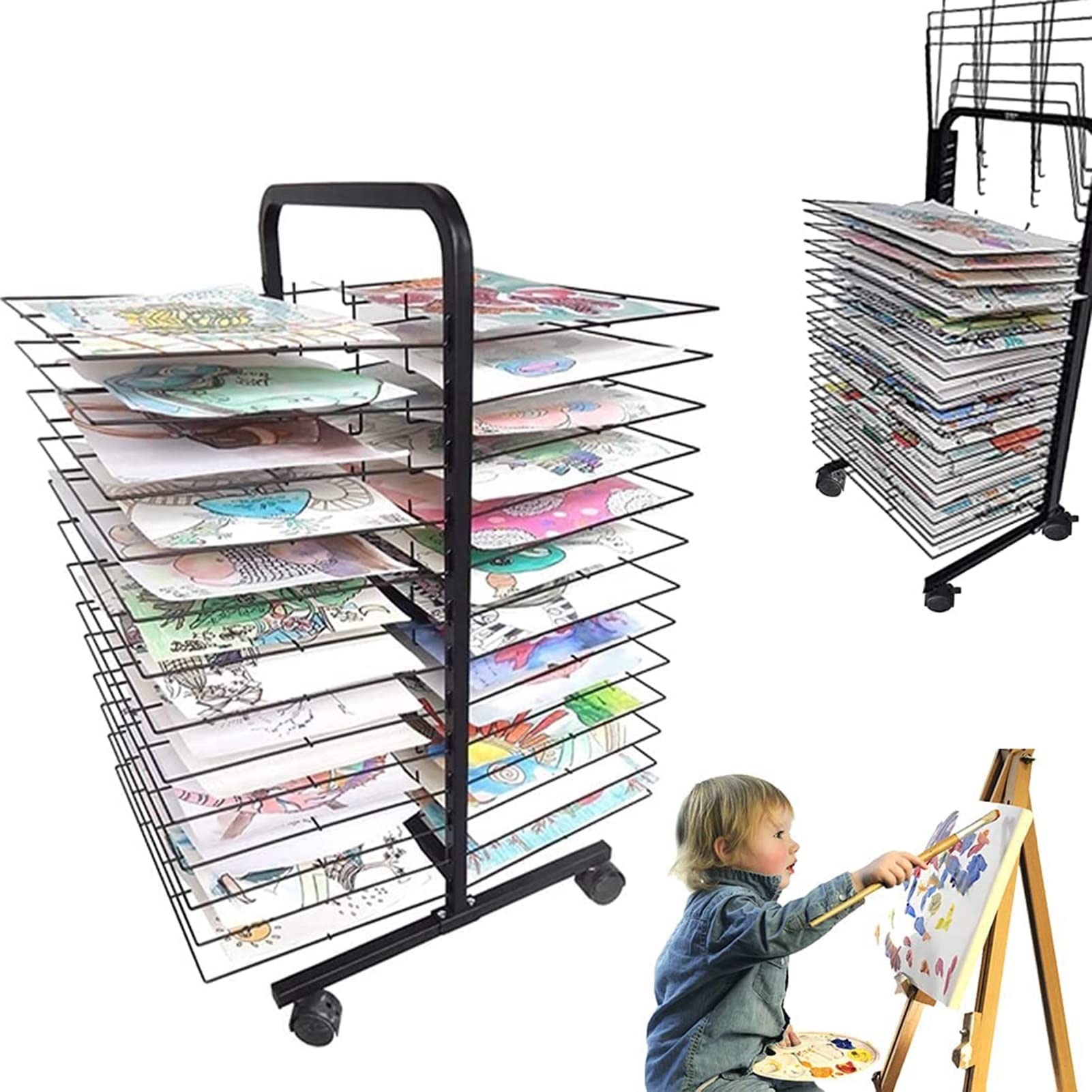 Art Drying Rack, Mobile Drying Rack with Wire Shelves for Works of Art, Mobile Classrooms, Art Studio, Educational Product Drying Rack, Drying Easel, Drying & Print Racks, Black Powder Coated Finish