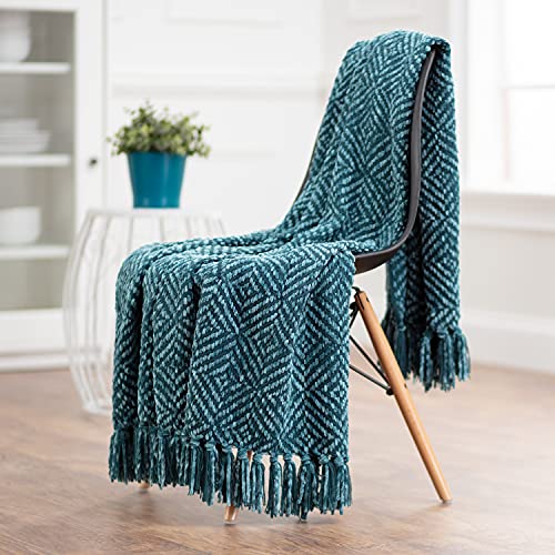 Chanasya Soft Teal Chenille Knitted Diamond Textured Decorative Throw Blanket - Geometric Lightweight Luxury Fuzzy Decor with Tassels for Couch Sofa Bed Chair Bedroom Living Room (50x65 Inches)