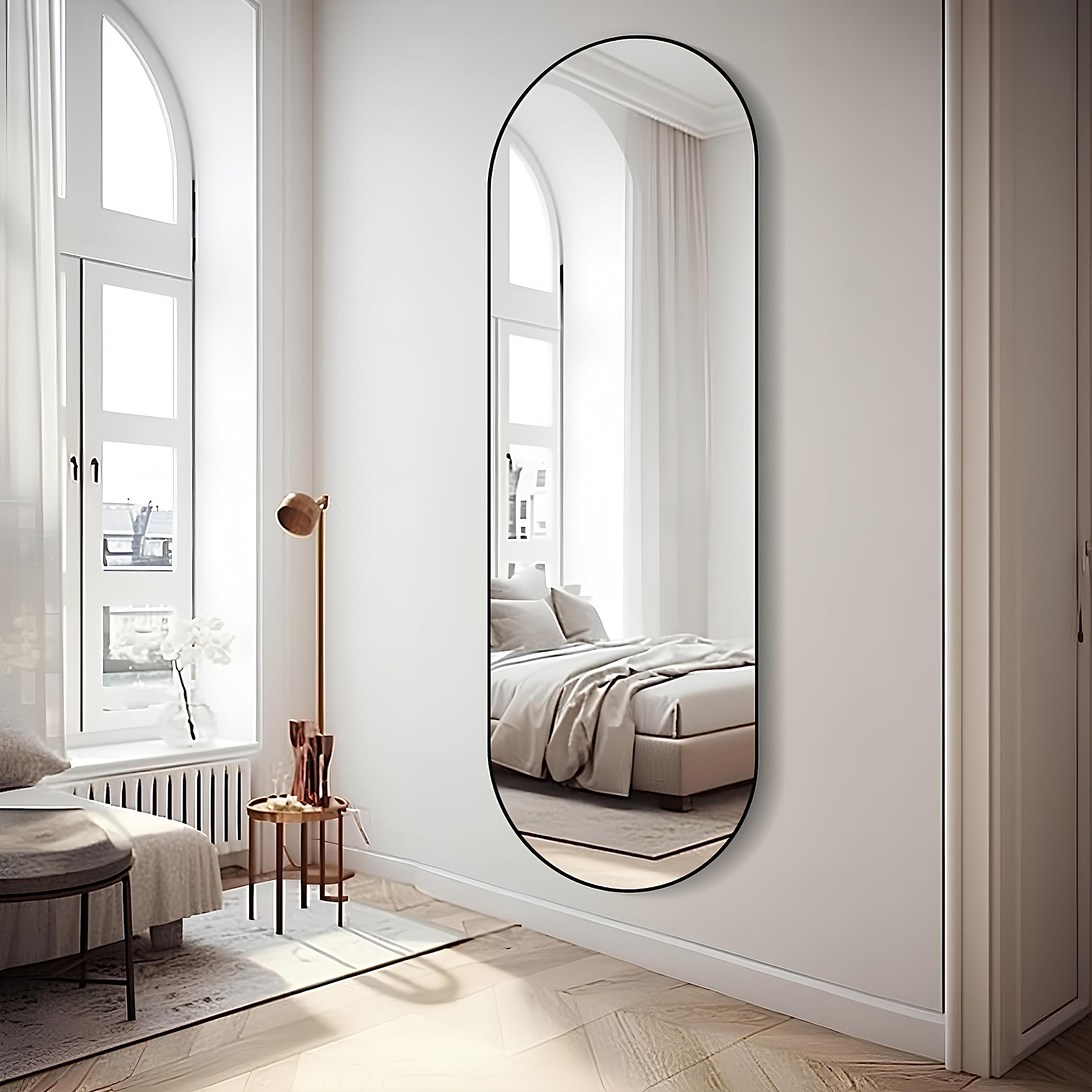 ZHUNFA 65"x 22" Oval Full Length Wall Mirror, Arched Top, Black