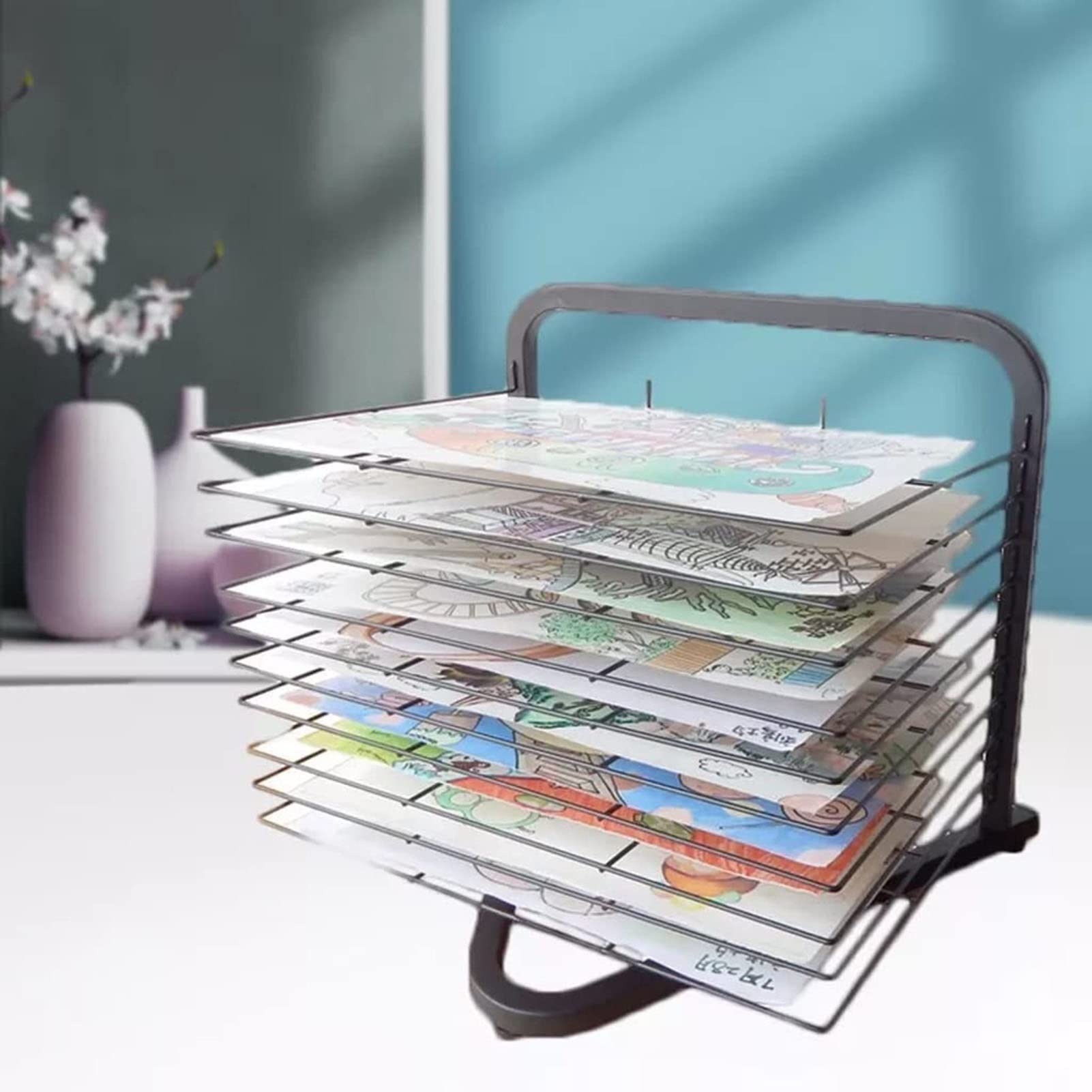 Tabletop Artwork Drying Rack Art Rack with 10 Wire Shelve Black Powder Coated Metal Steel Sturdy Art Organizer for Paintings and Drawings, Ideal for Classroom, Art Studio