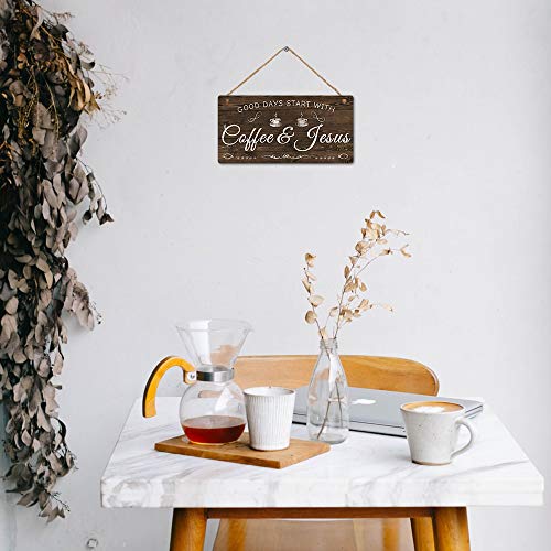 Putuo Decor Coffee Sign, Kitchen Coffee Bar Decor, 12 x 6 Hanging Plaque, Gifts for Coffee Lover (Good Days Start with Coffee & Jesus)