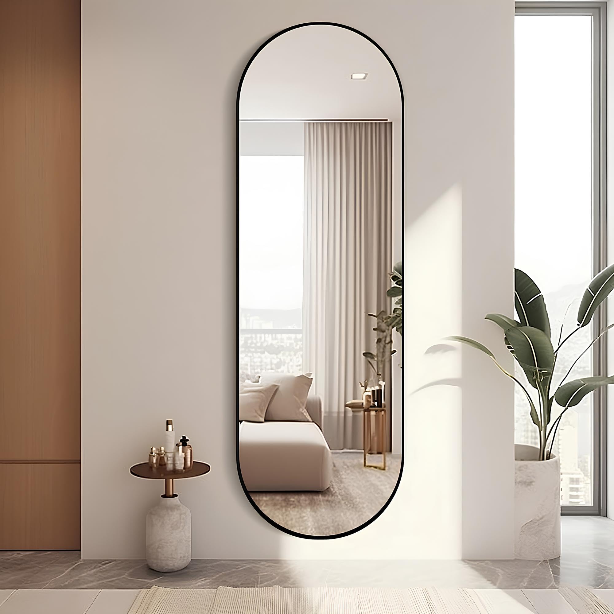 ZHUNFA 65"x 22" Oval Full Length Wall Mirror, Arched Top, Black