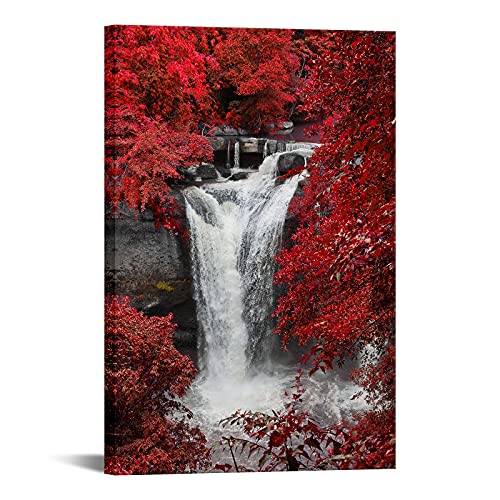 iKNOW FOTO Red Waterfall Canvas Wall Art Decor Vertical Decorative Prints Forest Landscape Picture for Living Room Kitchen Bedroom Office Home Decor Gift 24x36