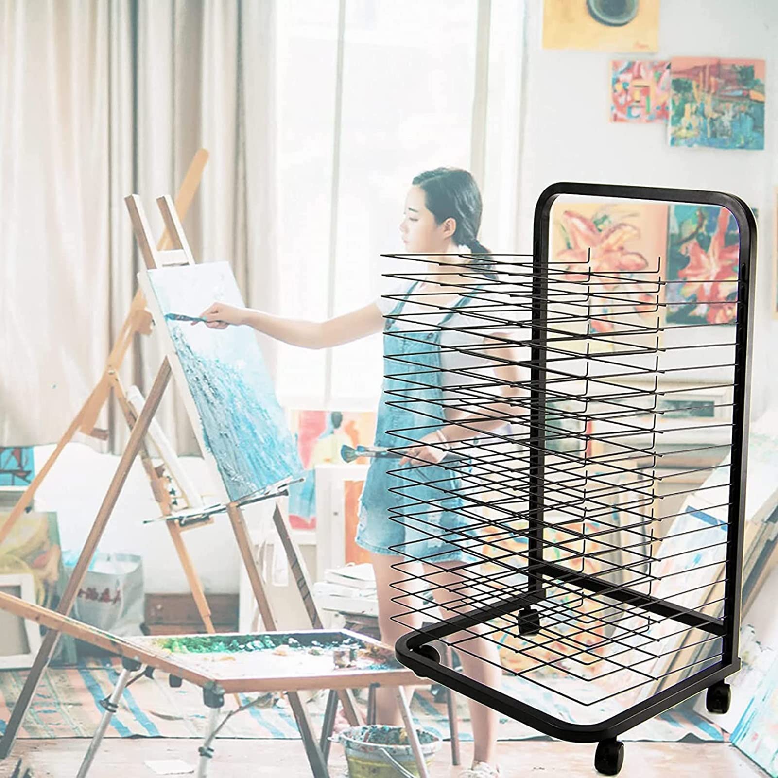 DONGYUE Art Drying Rack, Solid Mobile Art Drying Rack with Wire Shelves for Works of Art Classrooms Studios and Home Use, Black Powder Coated Finish. Drying & Print Racks (Size : 25-Layer)
