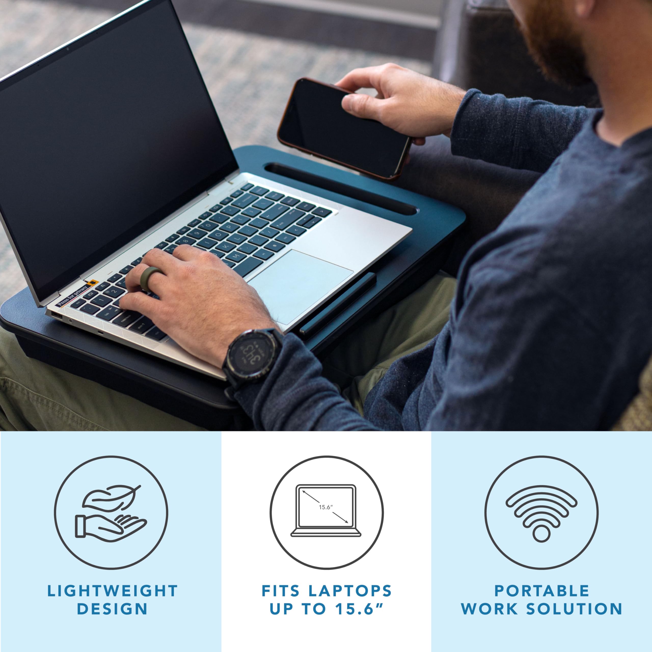 LapGear Sidekick Lap Desk with Device Ledge and Phone Holder - Black - Fits up to 15.6 Inch Laptops - Style No. 44218