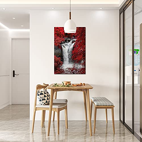 iKNOW FOTO Red Waterfall Canvas Wall Art Decor Vertical Decorative Prints Forest Landscape Picture for Living Room Kitchen Bedroom Office Home Decor Gift 24x36