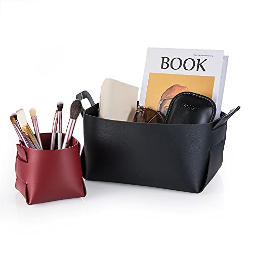 Hekyip Small Pu Leather Multifuctional Organizer, Desktop Organzing Makeup Brush Holder for Living Room, Dressing Table, Office Room (Black+Small Red)