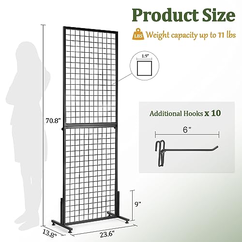 Cathyeen 6' x 2' Wire Grid Panel Wire Wall Grid Display Rack for Craft Shows with T-Base Floorstanding Sturdy Thickened Frame Art Show Display Panels Gridwall Panel Tower with 10 Pcs Hooks