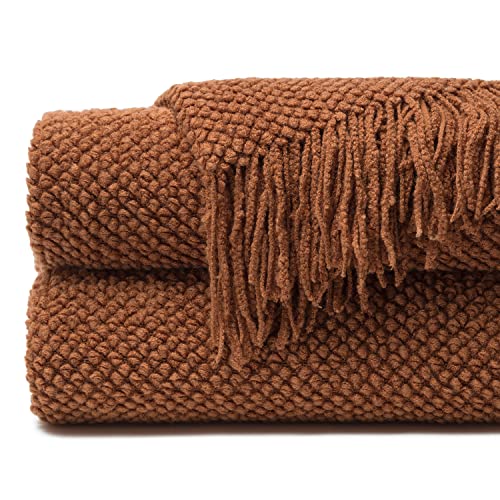Chanasya Textured Knitted Rust Brown Throw Blanket with Tassels - Soft Bohemian Farmhouse Chic Accent Throws - Decorative for Sofa Couch Bed Living Room Camel Brown (50x65 Inch) Boho Cashew Blanket