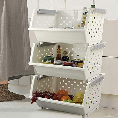 Dehouse 3-Pack Plastic Stacking Storage Organizer Basket, Stackable Basket, White