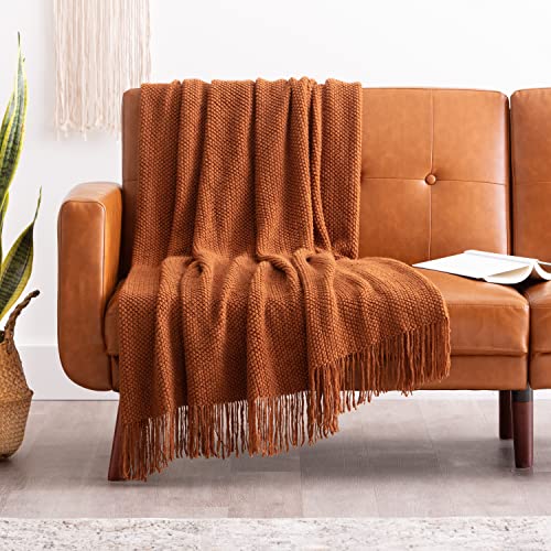 Chanasya Textured Knitted Rust Brown Throw Blanket with Tassels - Soft Bohemian Farmhouse Chic Accent Throws - Decorative for Sofa Couch Bed Living Room Camel Brown (50x65 Inch) Boho Cashew Blanket