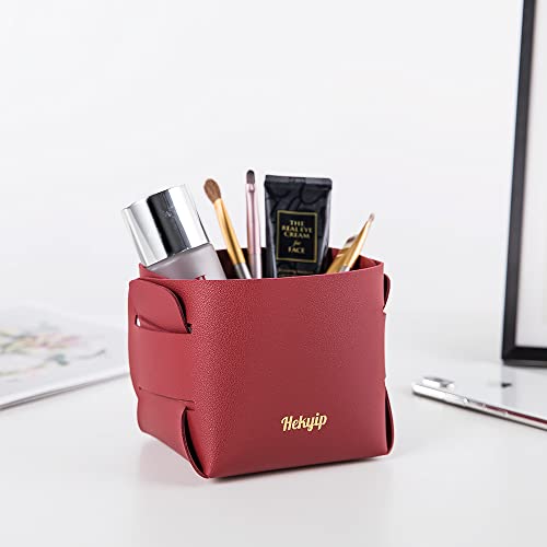 Hekyip Small Pu Leather Multifuctional Organizer, Desktop Organzing Makeup Brush Holder for Living Room, Dressing Table, Office Room (Black+Small Red)