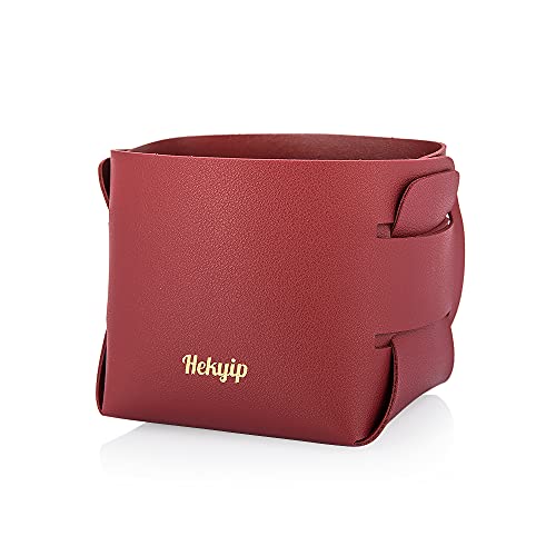 Hekyip Small Pu Leather Multifuctional Organizer, Desktop Organzing Makeup Brush Holder for Living Room, Dressing Table, Office Room (Black+Small Red)