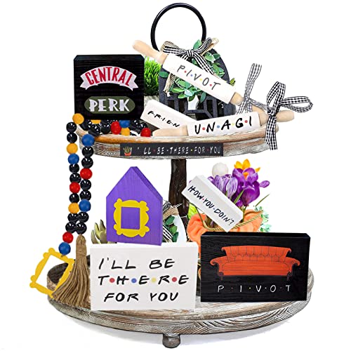 9 Pieces Friends Tiered Tray Decor Set Friends TV Show Gift Wooden Rustic Modern Decor Items Friends TV Show Merchandise Friends Theme Mini Wooden Signs for Kitchen Table Decoration