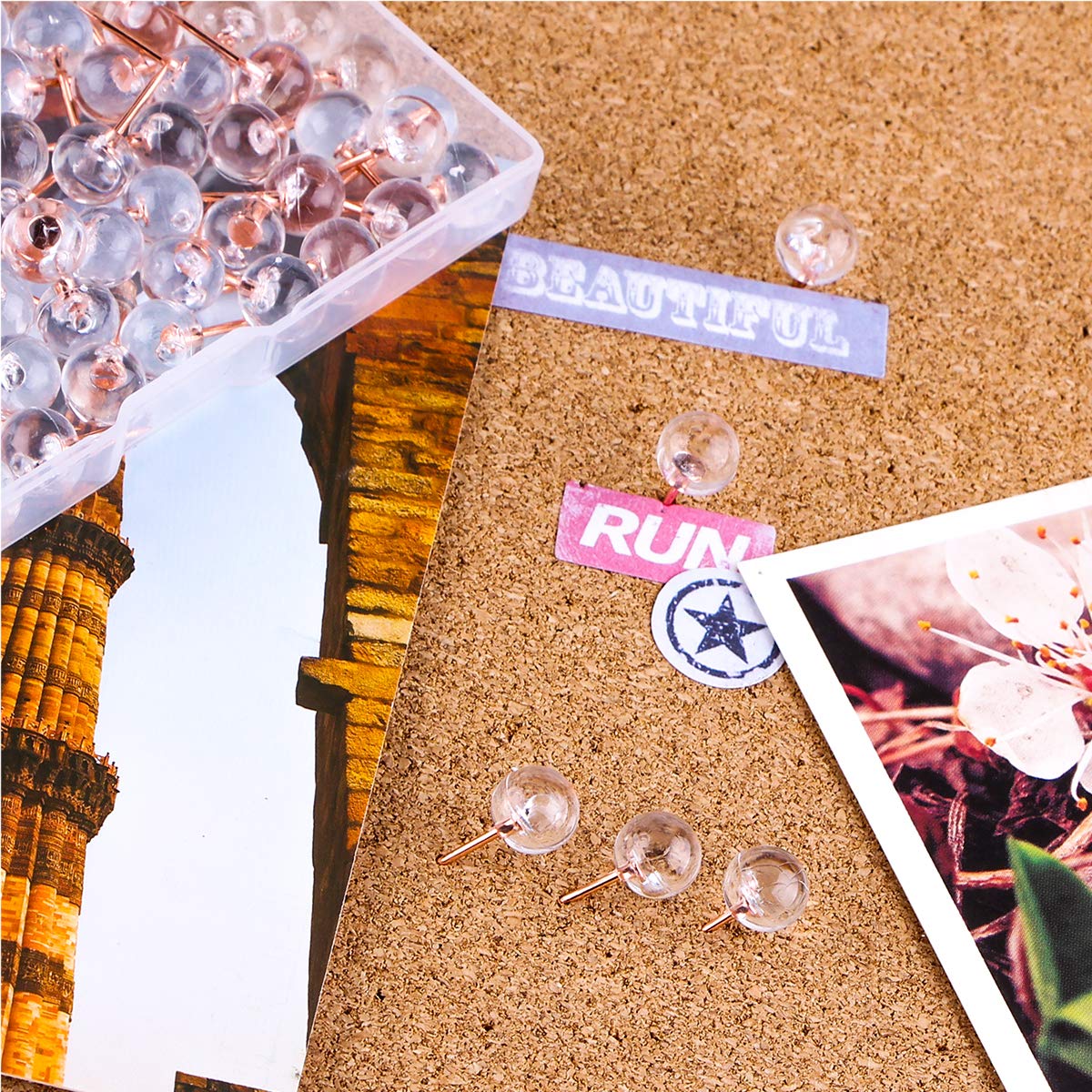 Yalis Push Pins 1/3 Inch Rose Gold Map Tacks 100-Count Large Size Pins Rose Gold Steel Point and Transparent Plastic Round Head (Rose Gold)