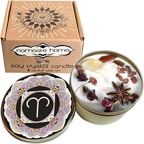 Aries Candle,Aries Gift, Zodiac Candle, Astrology Gift, Handmade Candle with Crystals, Rose Petals, Lavender Buds (8 oz)