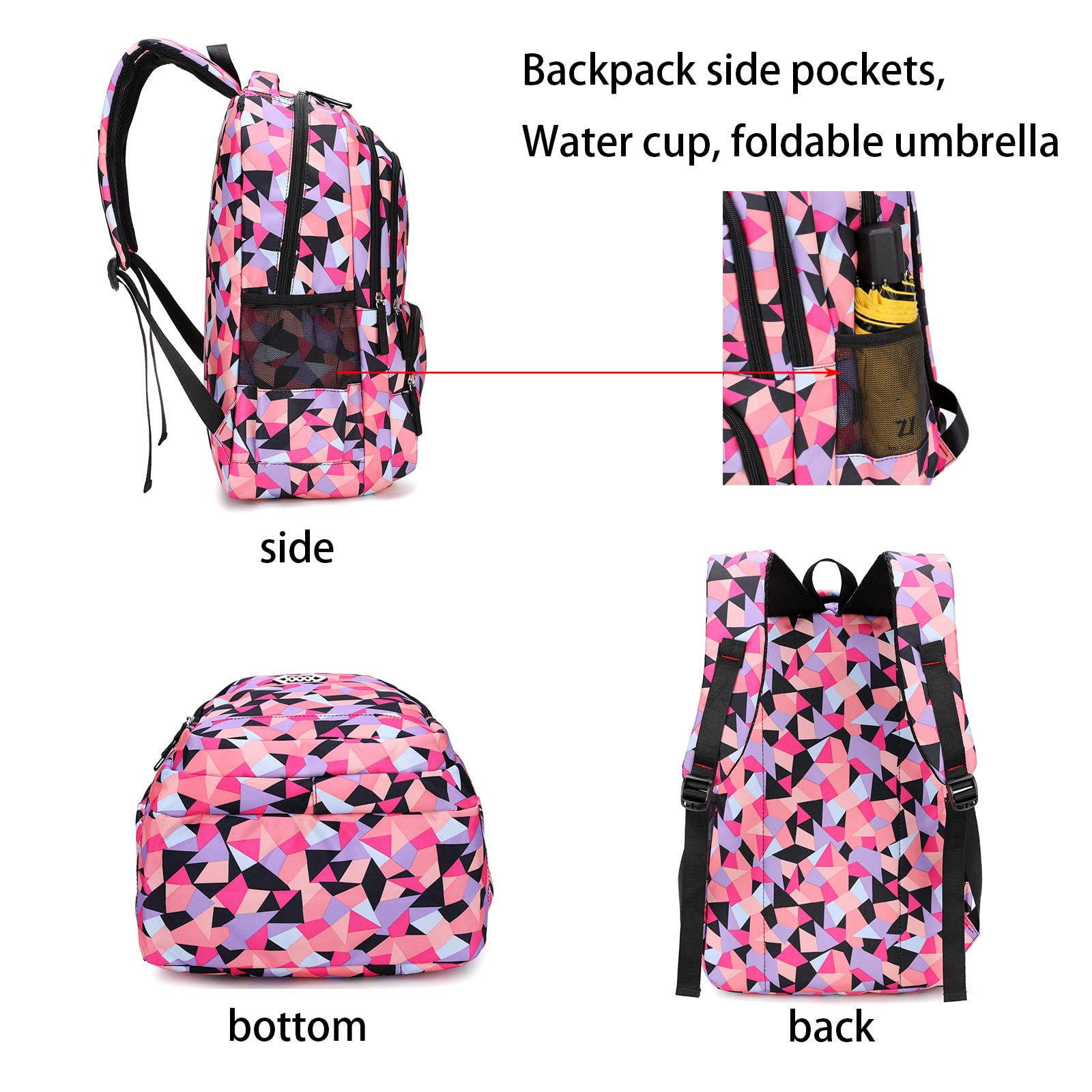 Kids' Backpacks Geometric Printed Children School Bag for Middle-Elementary School Book Bags for Girls-Boys Waterproof 3 in 1 Backpack Sets(Purple 35L)