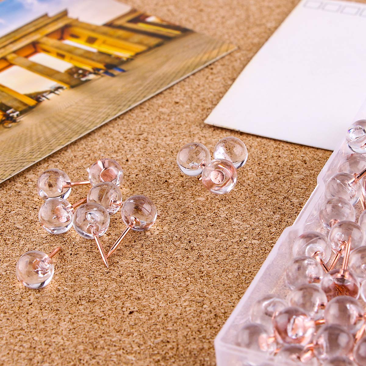 Yalis Push Pins 1/3 Inch Rose Gold Map Tacks 100-Count Large Size Pins Rose Gold Steel Point and Transparent Plastic Round Head (Rose Gold)