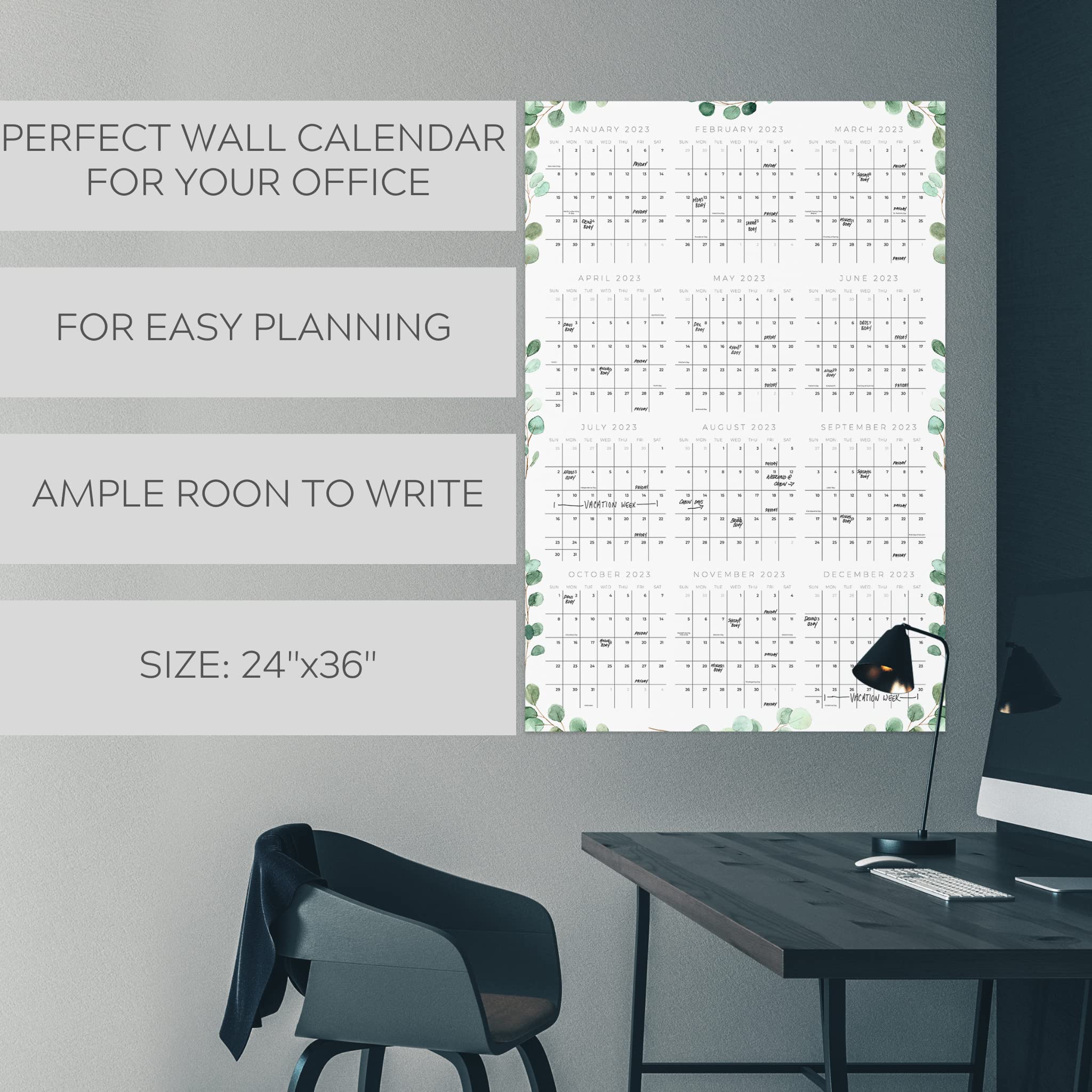 Simplified 2023 Yearly Wall Calendar - Double Sided Large 24" x 36β Calendar For Easy 12 Month Planning - Flexible Vertical or Horizontal Calendar For Your Office & Home