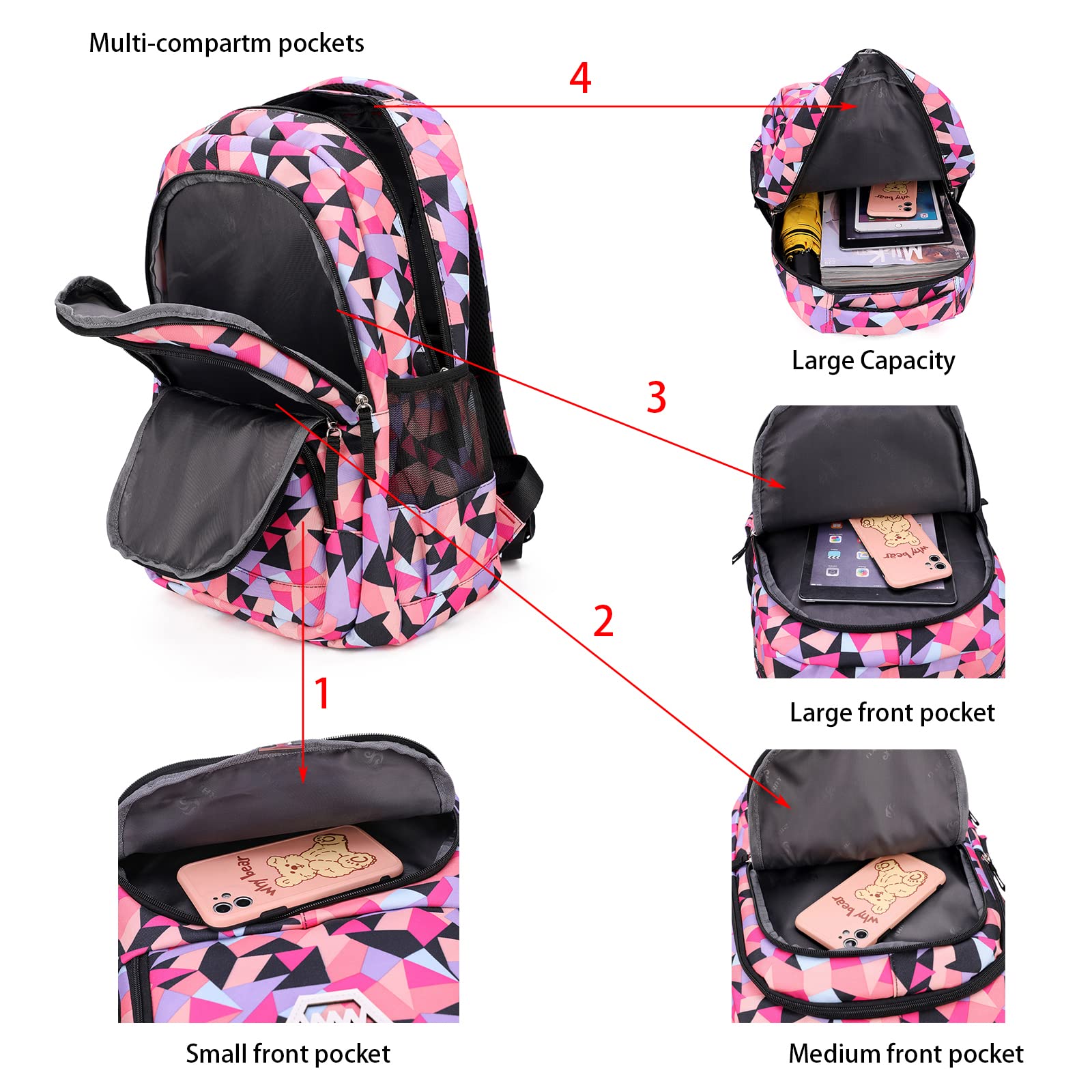 Kids' Backpacks Geometric Printed Children School Bag for Middle-Elementary School Book Bags for Girls-Boys Waterproof 3 in 1 Backpack Sets(Purple 35L)