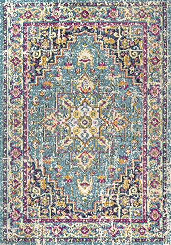 JONATHAN Y MDP207E-4 Brooklyn Geometric Medallion Bohemian Indoor Area-Rug Country Easy-Cleaning Bedroom Kitchen Living Room Non Shedding, 4 X 6, Blue