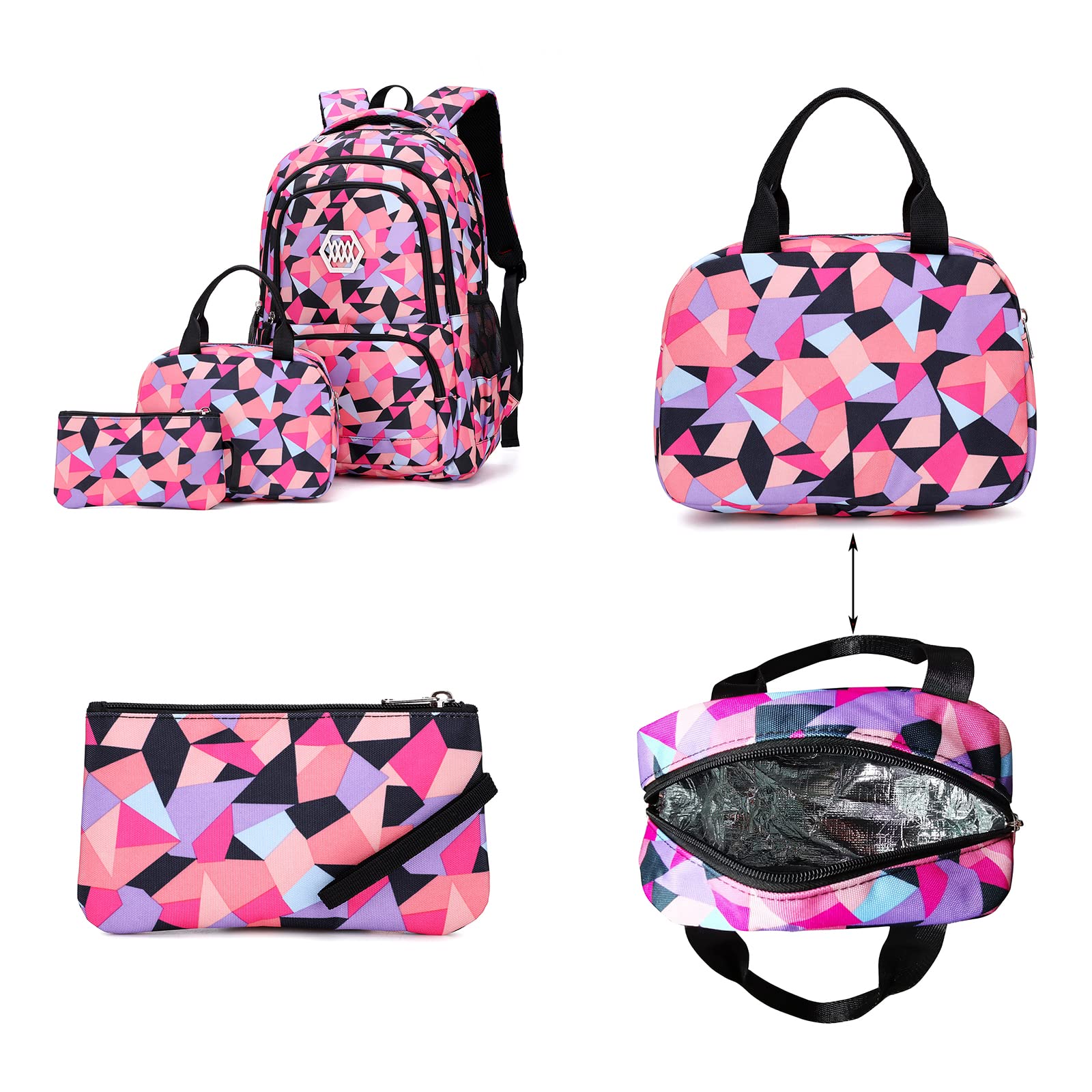 Kids' Backpacks Geometric Printed Children School Bag for Middle-Elementary School Book Bags for Girls-Boys Waterproof 3 in 1 Backpack Sets(Purple 35L)