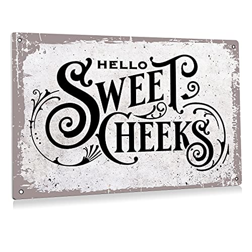 Retro Hello Sweet Cheeks Bathroom Metal Tin Sign Wall Decor - Vintage Bathroom Quote Tin Sign for Toilet Restroom Home Decor Gifts