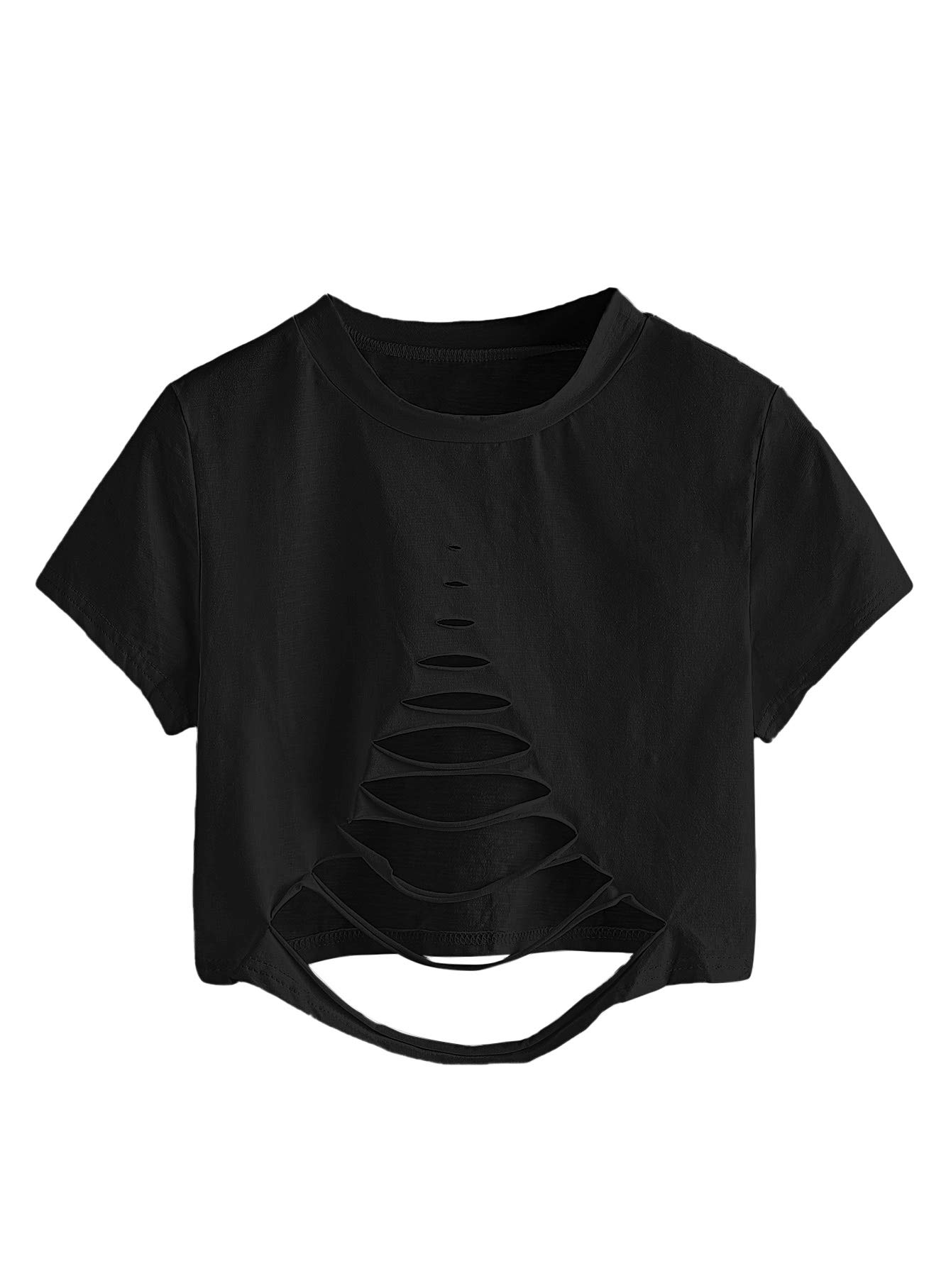SweatyRocks Women's Short Sleeve Cutout Tee Shirt Distressed Crop Top Pure Black S