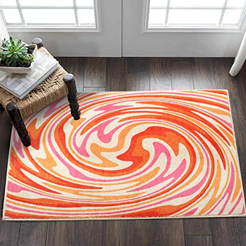 YoKii Vintage Abstract Art Throw Rugs Faux Wool Shag Plush Hippie Aesthetic Bathroom Non-Slip Trippy Spiral Retro Geometric Small Area Rug for Kitchen Entryway Indoor Doormat (2x3, Orange)